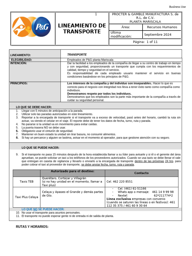 Lineamientos de Transporte P&G Mariscala | PDF | Procter & Gamble