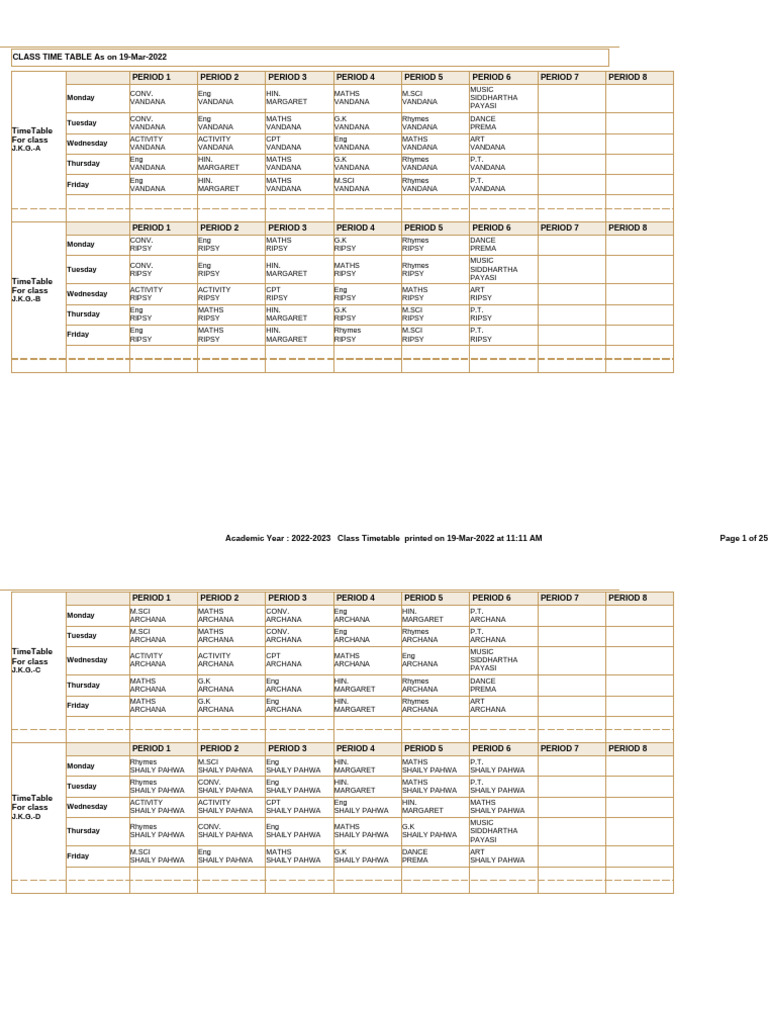 Class Timetable Session 2022-23 | PDF