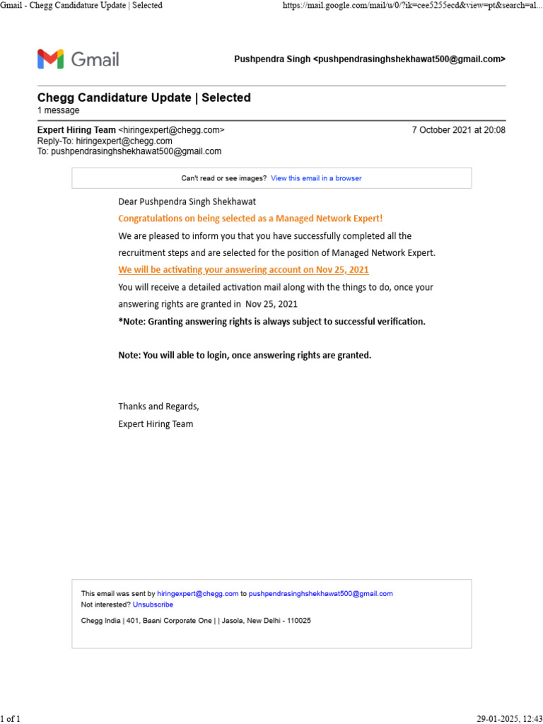 Gmail - Chegg Candidature Update - Selected | PDF