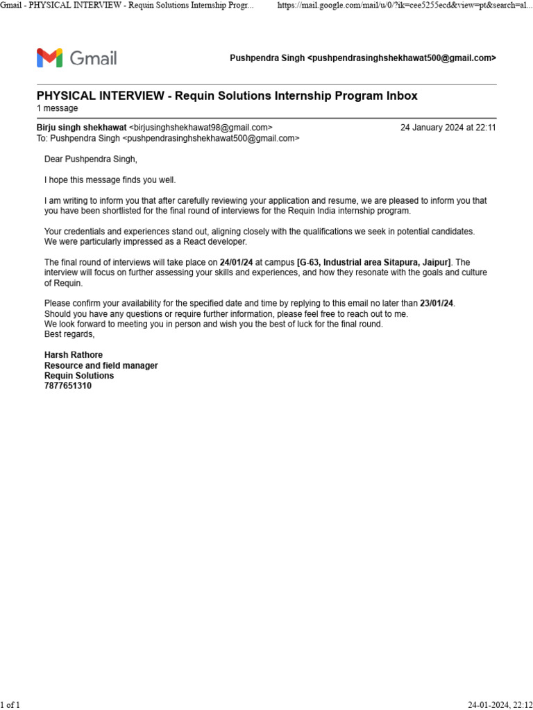 Gmail - PHYSICAL INTERVIEW - Requin Solutions Internship Program Inbox ...