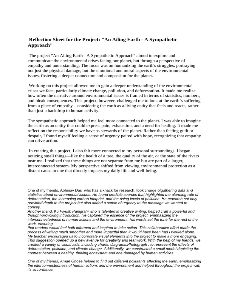 Reflection Sheet For The Project | PDF | Empathy | Natural Environment
