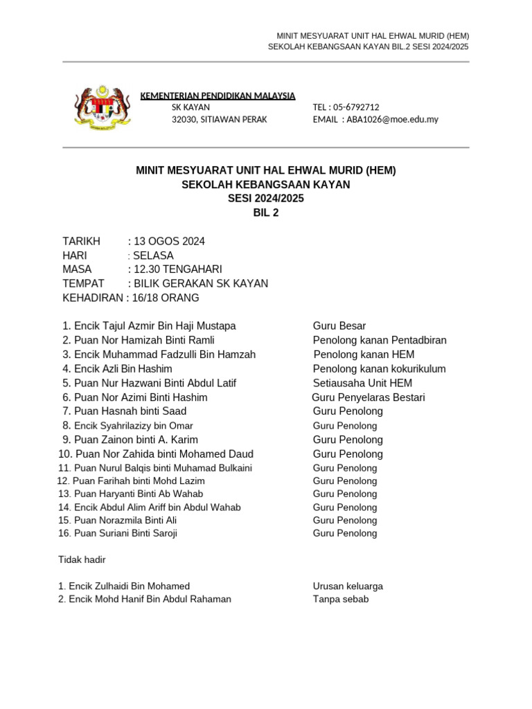 Minit Mesyuarat HEM BIL 2 (2024) | PDF