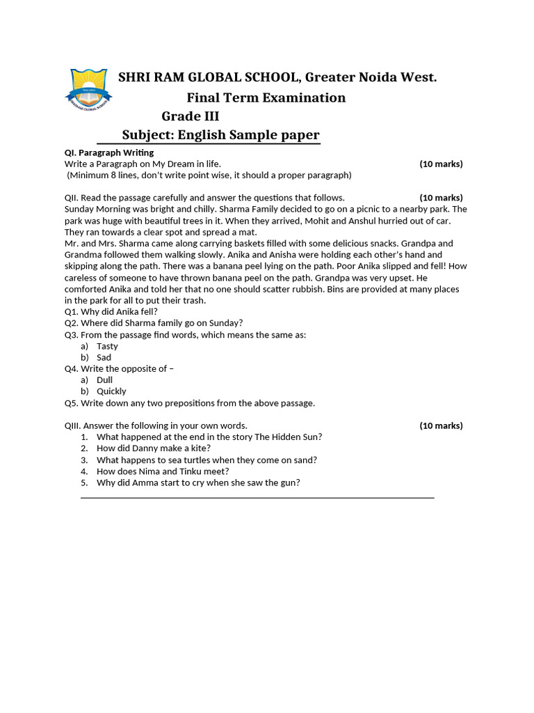 English Sample Paper | PDF