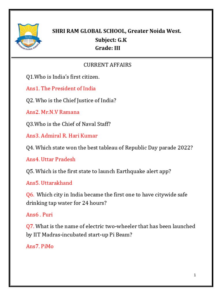 Current Affairs 2025 for Class 3 | PDF