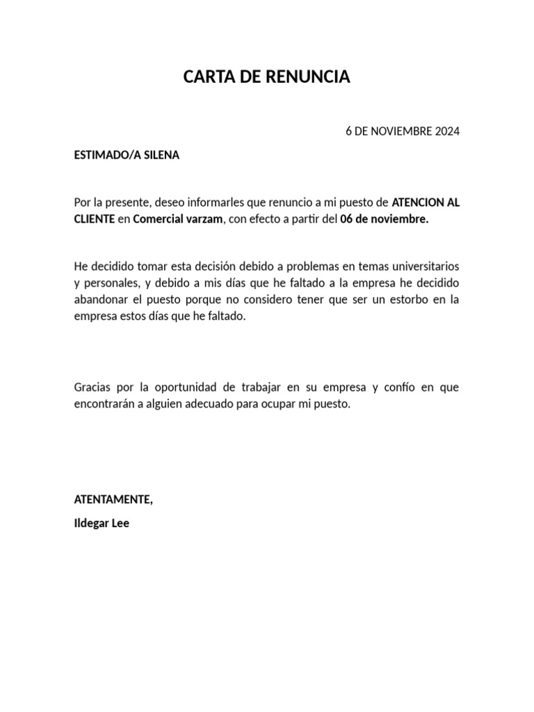 Carta de Renuncia 1 | PDF
