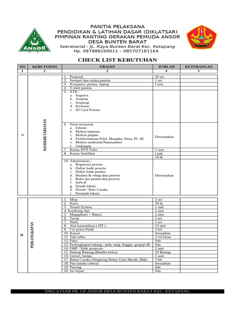 Cek List Kebutuhan Diklatsar | PDF