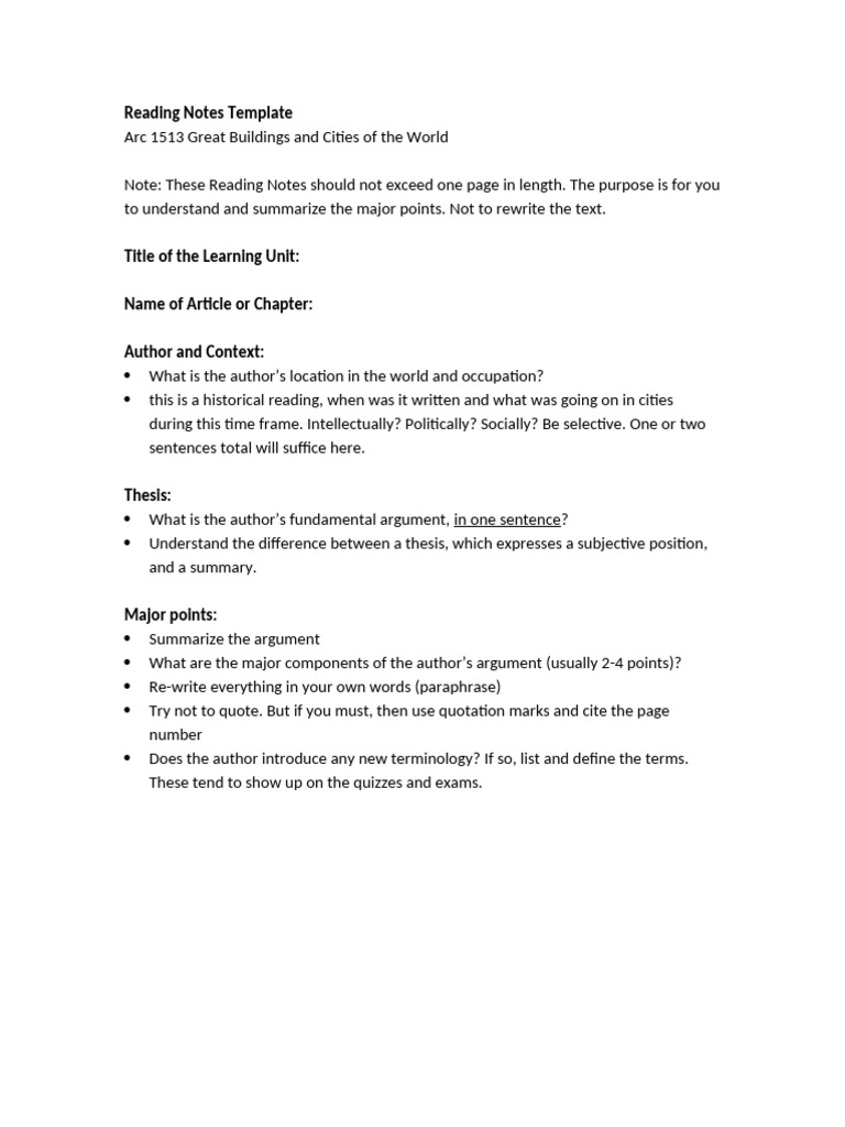 Reading Notes Template (1) | PDF