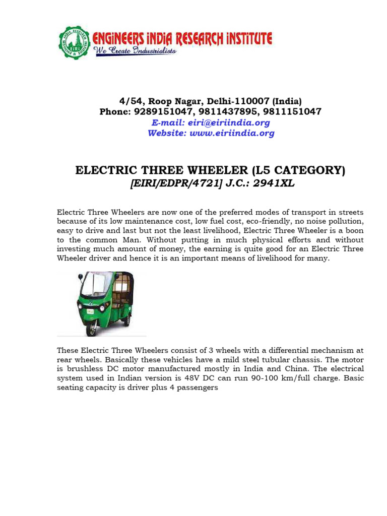 Electric Three-Wheeler (L5 Category) Overview | PDF | Vehicles ...