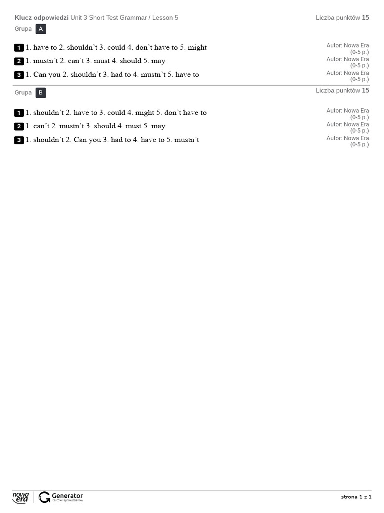 Unit 3 Short Test Grammar - Lesson 5 Klucz Odpowiedzi | PDF