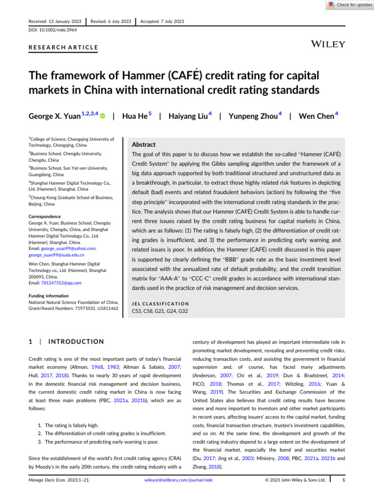 No23 Yuan Etal The Framework of Hammer (CAFÉ) Credit Rating For China ...