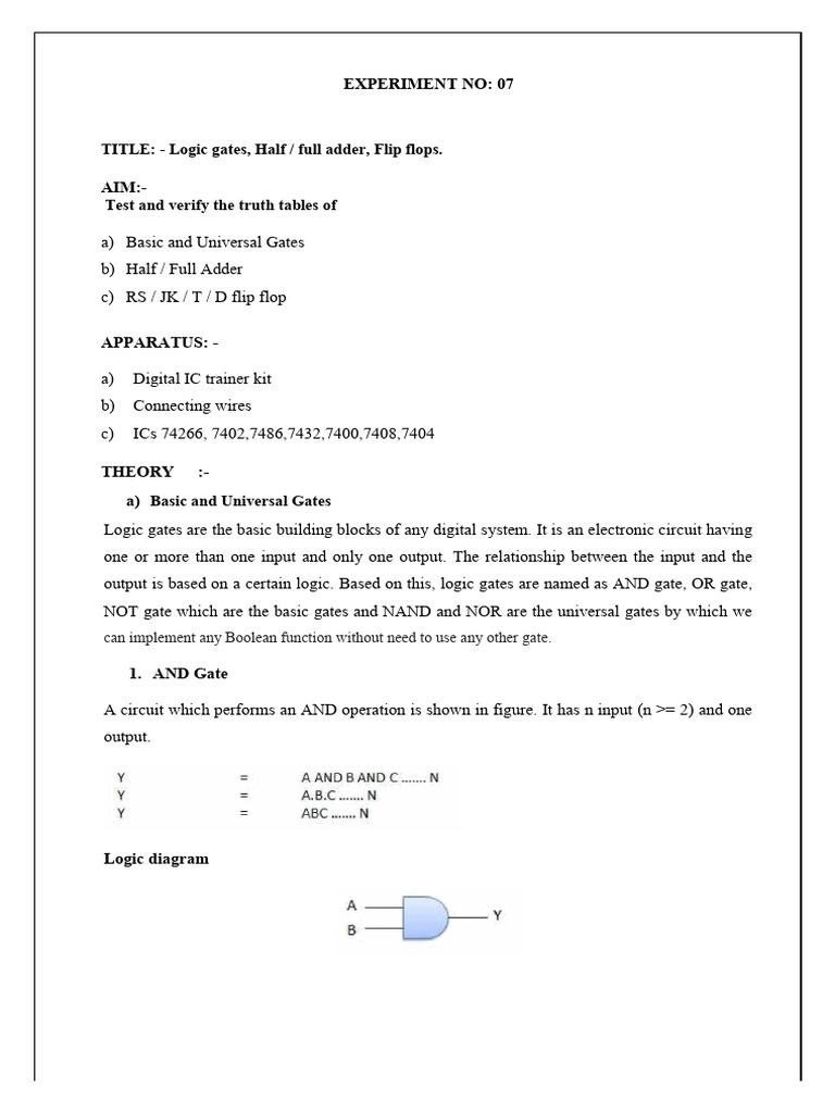 Logic Gates and Flip Flops Experiment | PDF | Logic Gate | Electronic ...