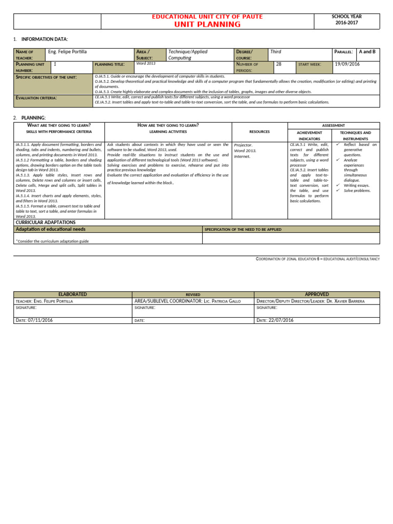 Format For Planning Didactic Unit Applied Informatics 3rd BGU | PDF ...