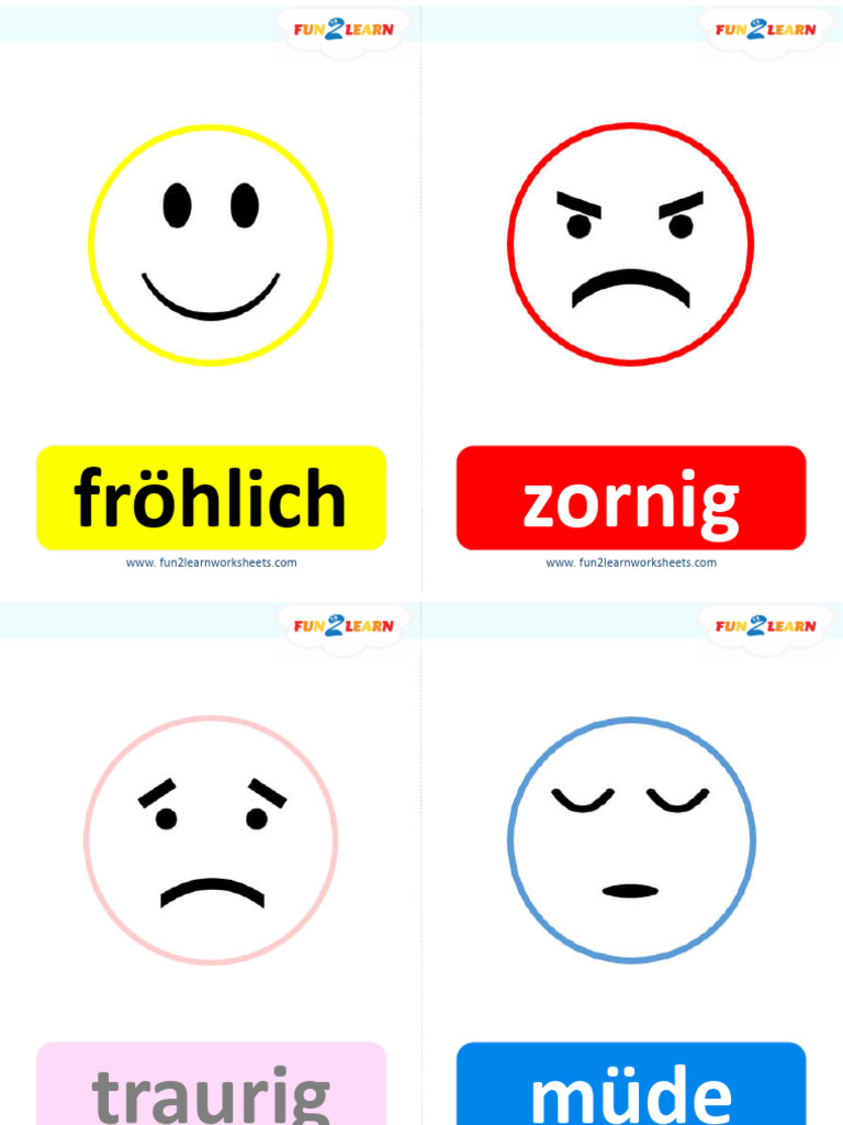 Flashcards Happy Angry Sad Tired f2l German | PDF