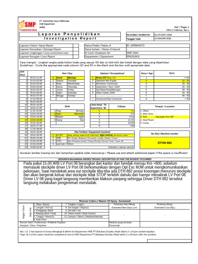 FRM-17-SHE-041 - Form Laporan Penyelidikan Insiden DTHN-882 - Nearmiss ...