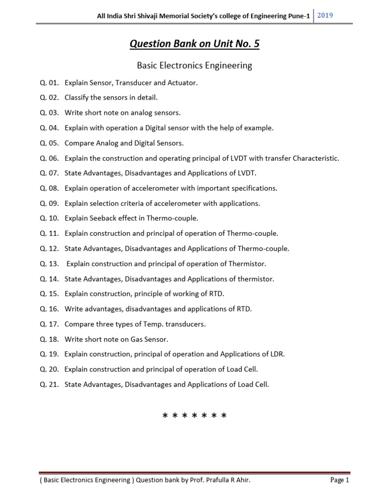 BXE Question Bank Unit No. V | PDF