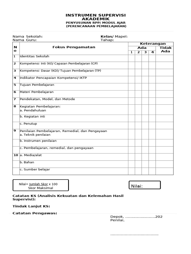 Instrumen Supervisi RPP | PDF