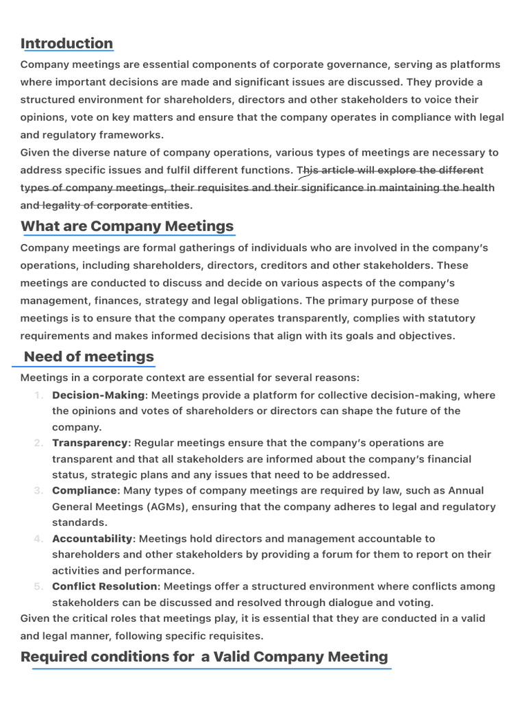 Types of Company Meetings Explained | PDF | Liquidation | Board Of ...