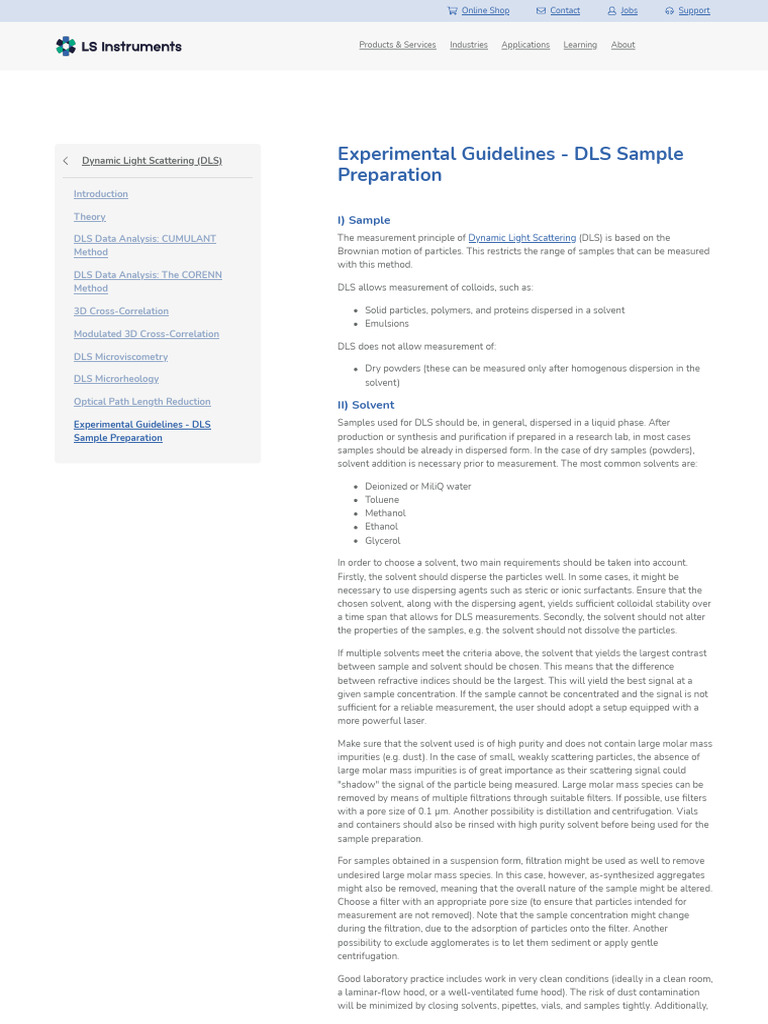 LS Instruments 10 Experimental Guidelines - DLS Sample Preparation | PDF | Filtration | Solvent