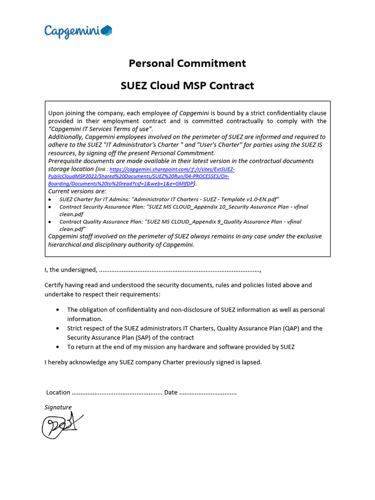 SUEZ Cloud MSP - Capgemini Admin Personal Commitment - Template v1.0 | PDF