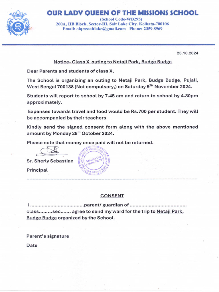 Notice - Class X Outing To Netaji Park, Budge Budge20241023 - 13180826 ...