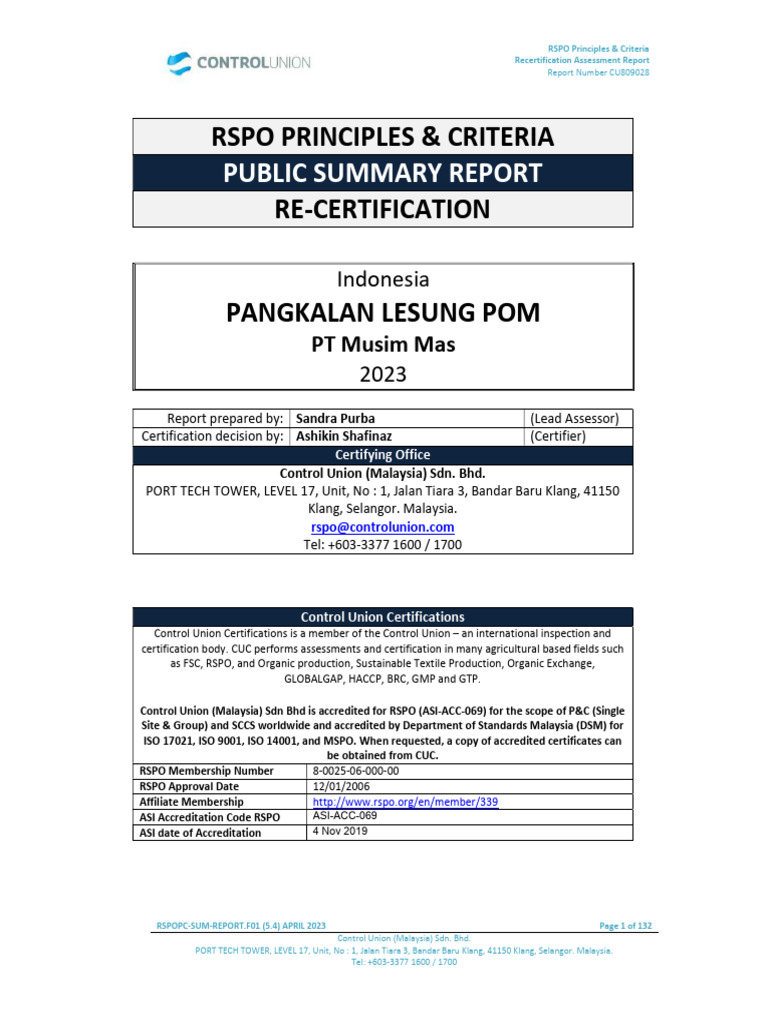 2023 RSPO Audit Report PT. Musim Mas Pangkalan Lesung POM | PDF | Audit