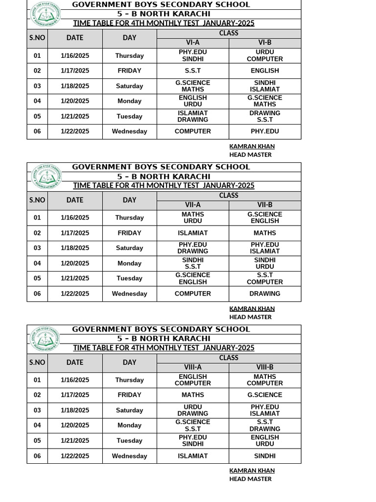Time Table For 4TH Monthly Test 2025 | PDF