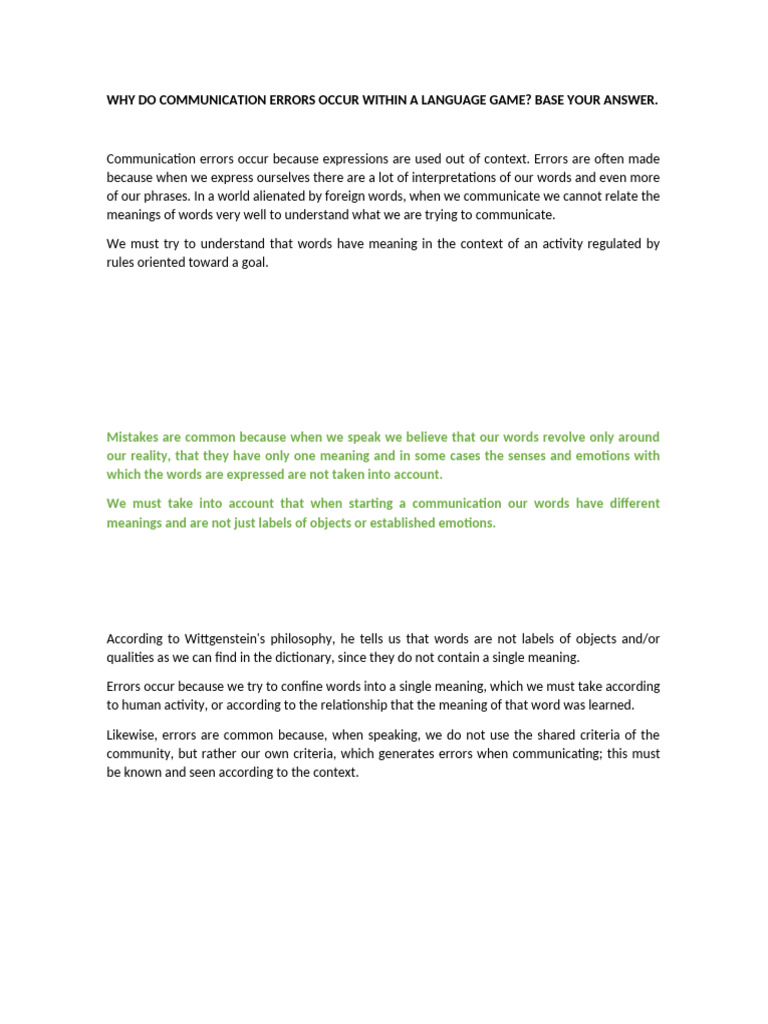 Why Communicative Errors Occur Within A Language Game | PDF | Semantics ...