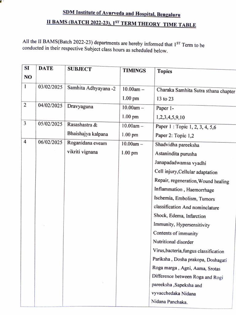 first term time table | PDF | Ayurveda | Clinical Medicine