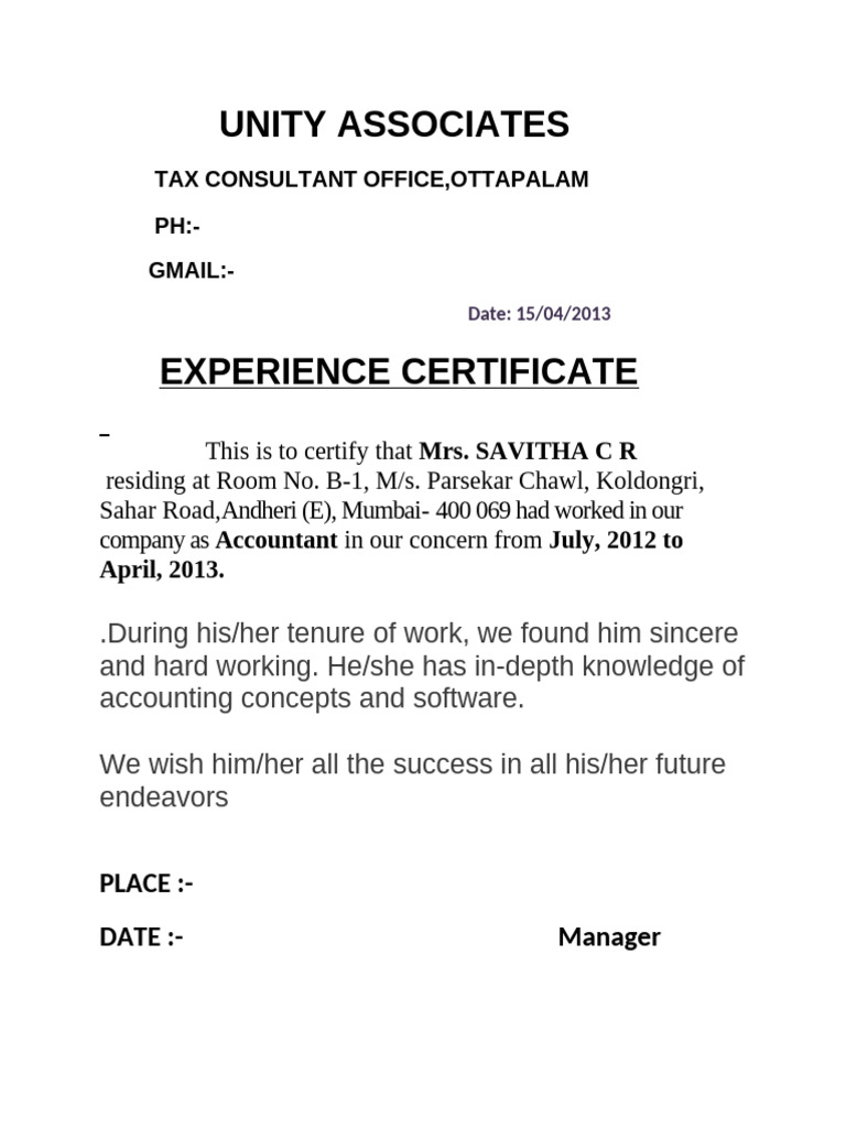 Unity Associates Exprnce Certificate | PDF