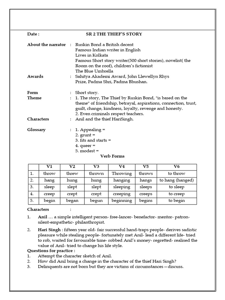 CBSE English Advanced Class X SR The Thiefs Story Class Work (Teachers ...