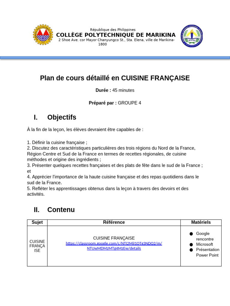 Plan de cours sur la cuisine française | PDF | Cuisine | sauce