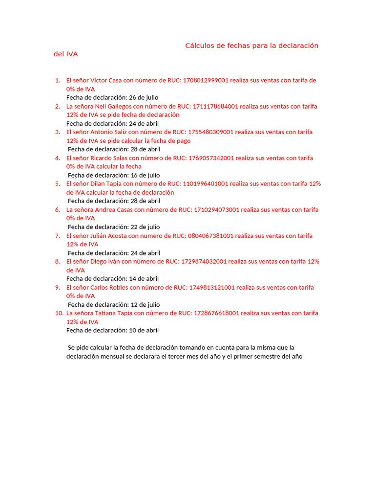 Cálculos de Fechas para La Declaración Del IVA NAYELI | PDF