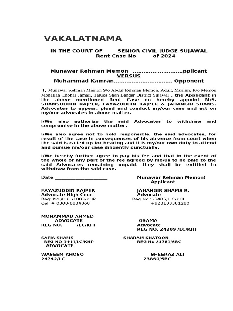 Sujawal Vakalatnama Rent Cases | PDF | Karachi | Muhammad Ali Jinnah