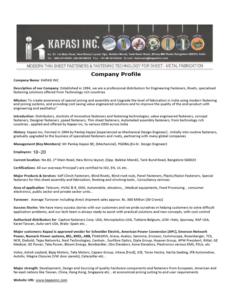 Kapasi Inc.: Fasteners & Solutions | PDF | Rivet
