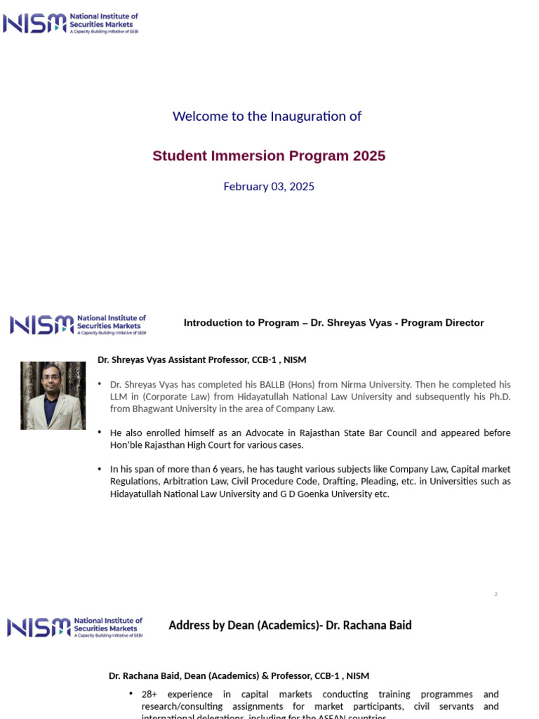 NISM Student Immersion Program 2025 Inauguration Presentation | PDF ...
