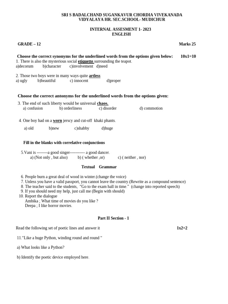 12TH Internal Assesment 1 English 2023 | PDF | Linguistics