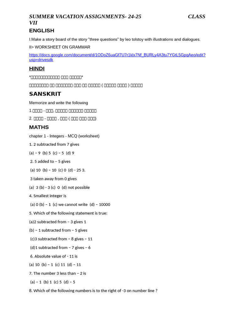 VII summer vacation assignment | PDF | Numbers | Mathematics