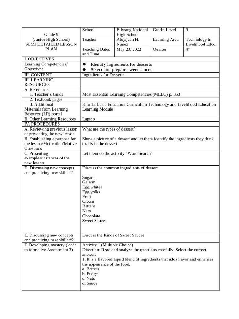 Grade 9 Dessert Preparation Lesson Plan | PDF | Desserts | Custard
