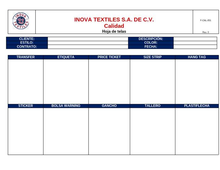 F-CAL-052 Hoja de Telas | PDF