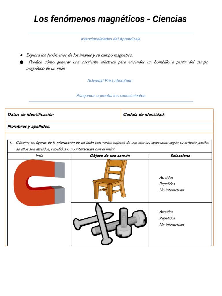 Hoja de Actividades los fenomenos magneticos | PDF | Imán | Magnetismo