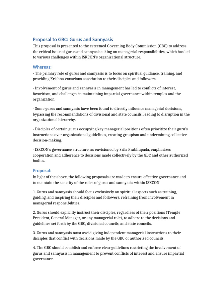 Proposal to GBC Gurus and Sannyasis (1) | PDF | Guru