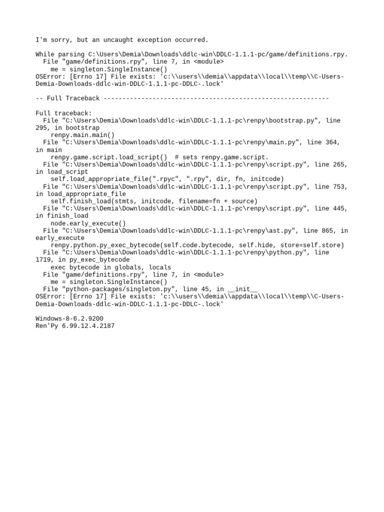 DDLC Exception: OSError in Definitions.rpy | PDF