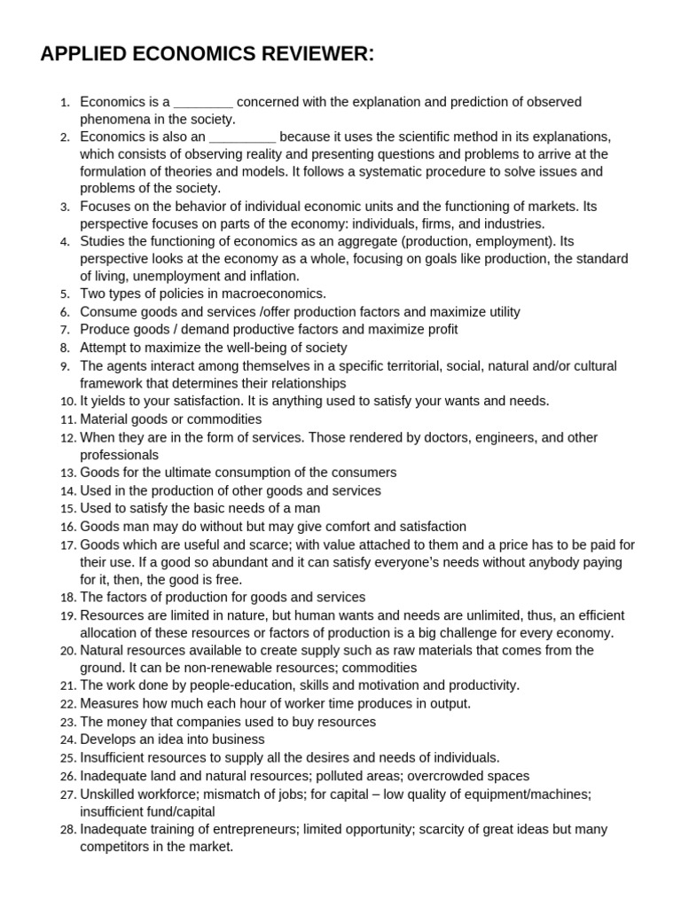 Applied Economics Reviewer | PDF | Cost Of Living | Money