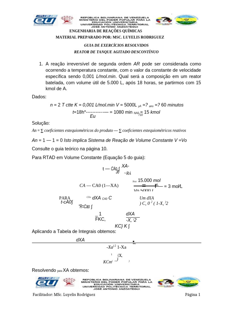Exercícios Resolvidos Reator Tanque Agitado Descontínuo | PDF | Reator ...