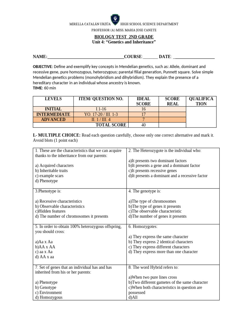 Biology Test: Genetics & Inheritance | PDF | Dominance (Genetics ...