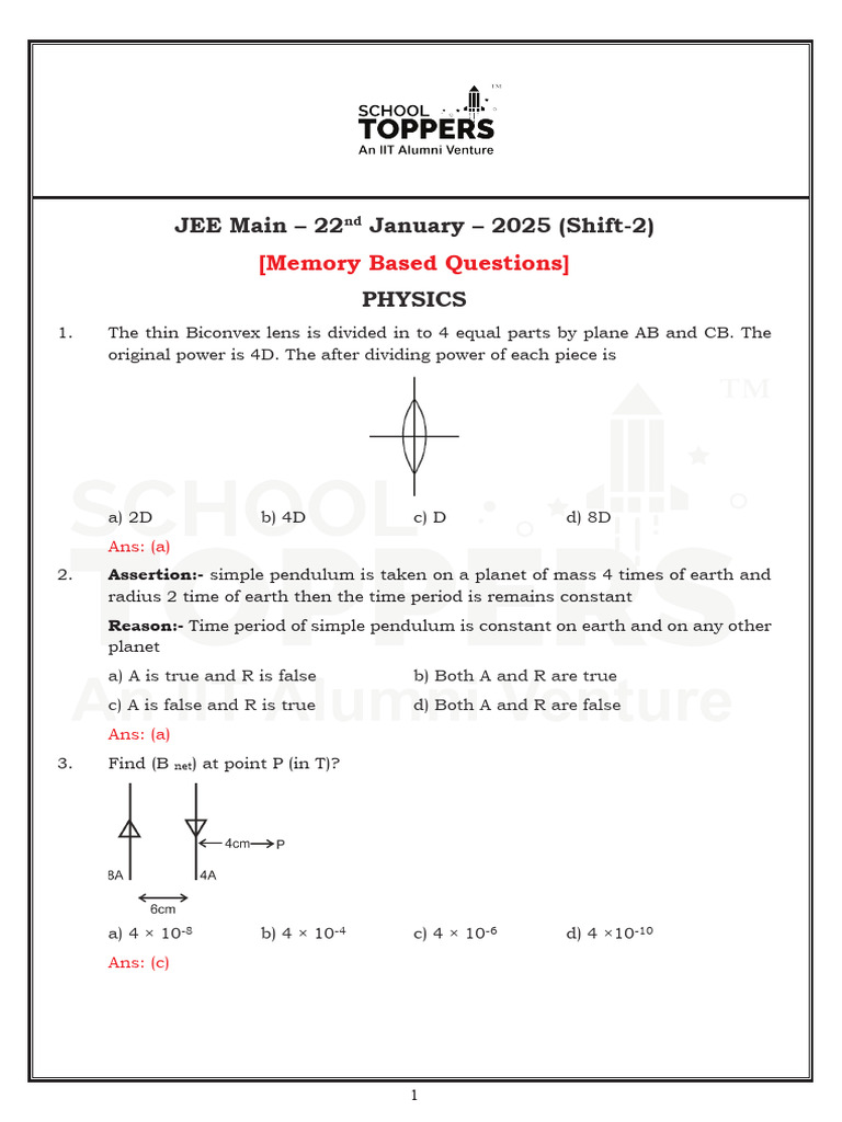 JEE Main 2025 22nd Jan Shift 2 Question Paper With Solutions | PDF | Force | Resonance