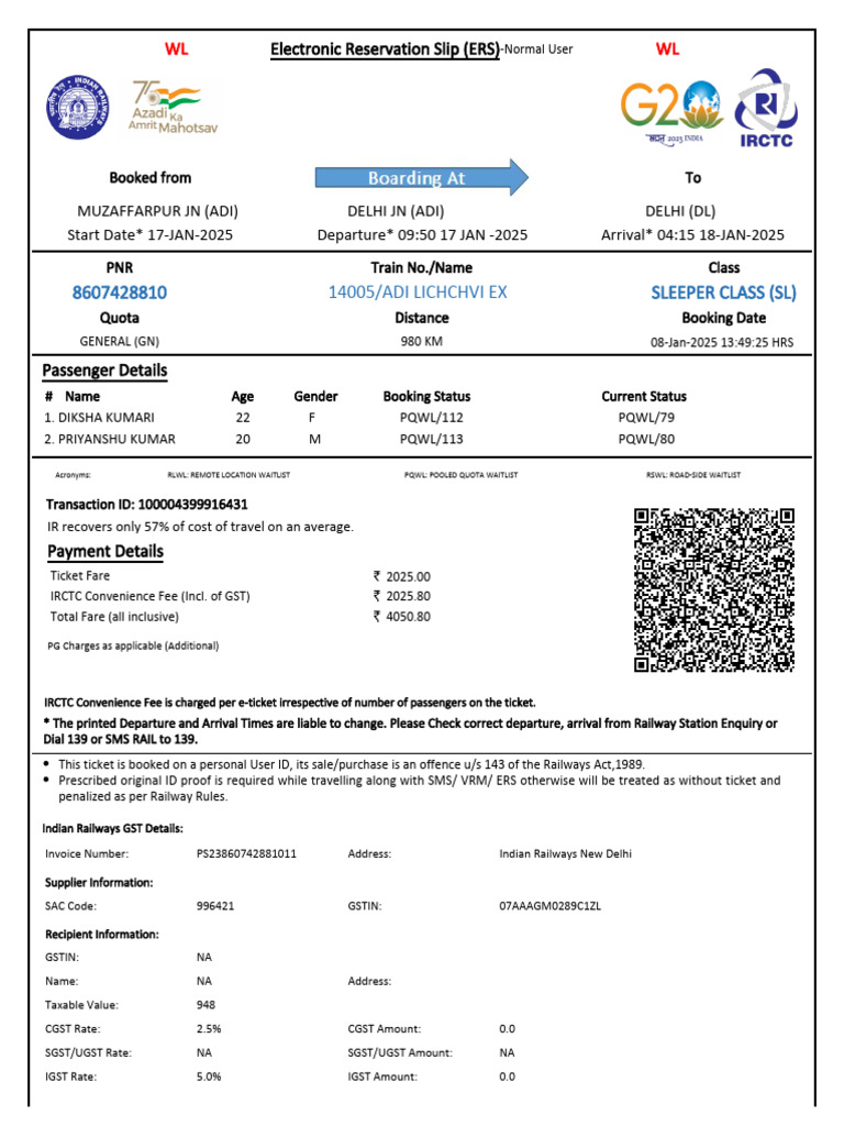 PNR Status for Train Booking 8607428810 | PDF | Payments