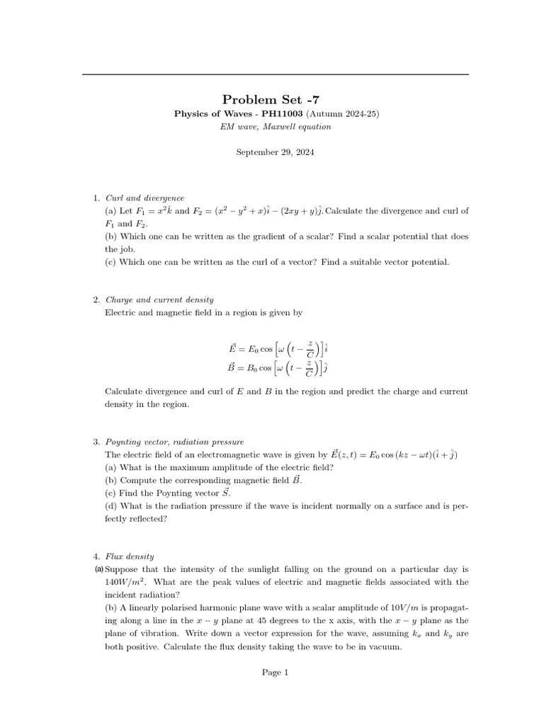 Physics of Waves Problem Set - PH11003 | PDF | Waves | Electromagnetic ...