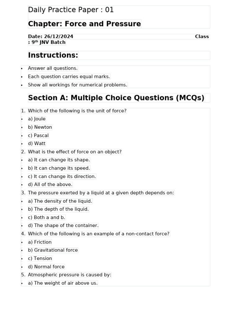 Daily Practice Paper | PDF | Pressure | Force