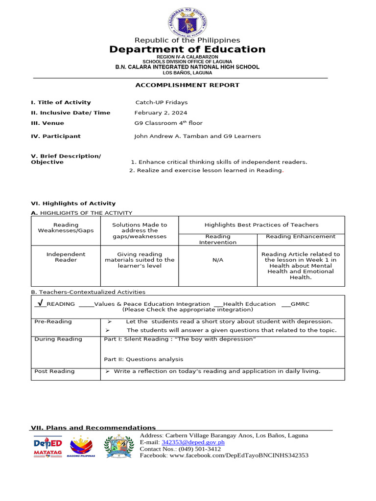 Q3 Session3 Catch Up Friday Accomplishment Report | PDF | Teaching ...